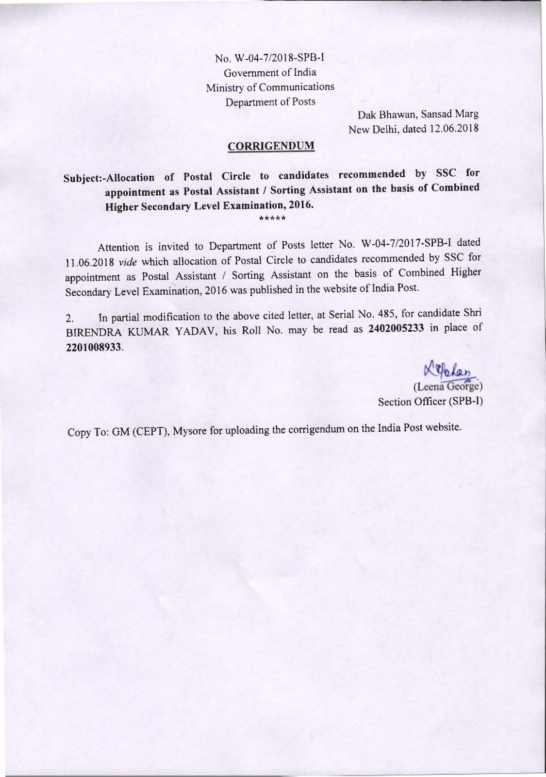 Corrigendum : Allocation of Postal Circle to candidates recommended by ...
