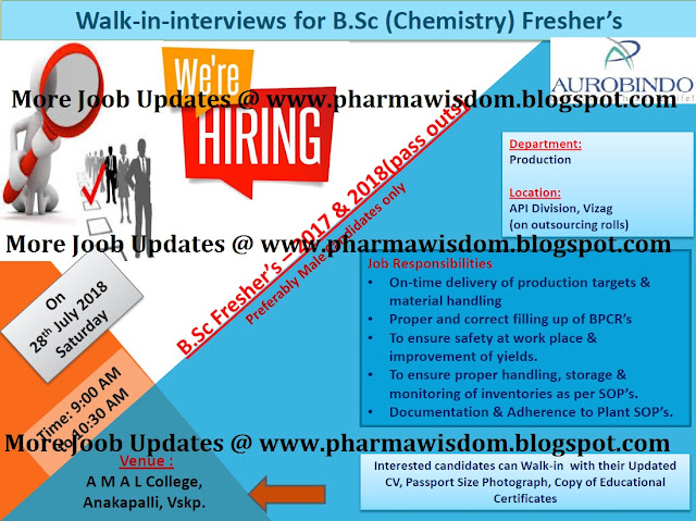 AUROBINDO PHARMA LTD - Walk-In Interview for B.Sc Freshers on 28th July ...