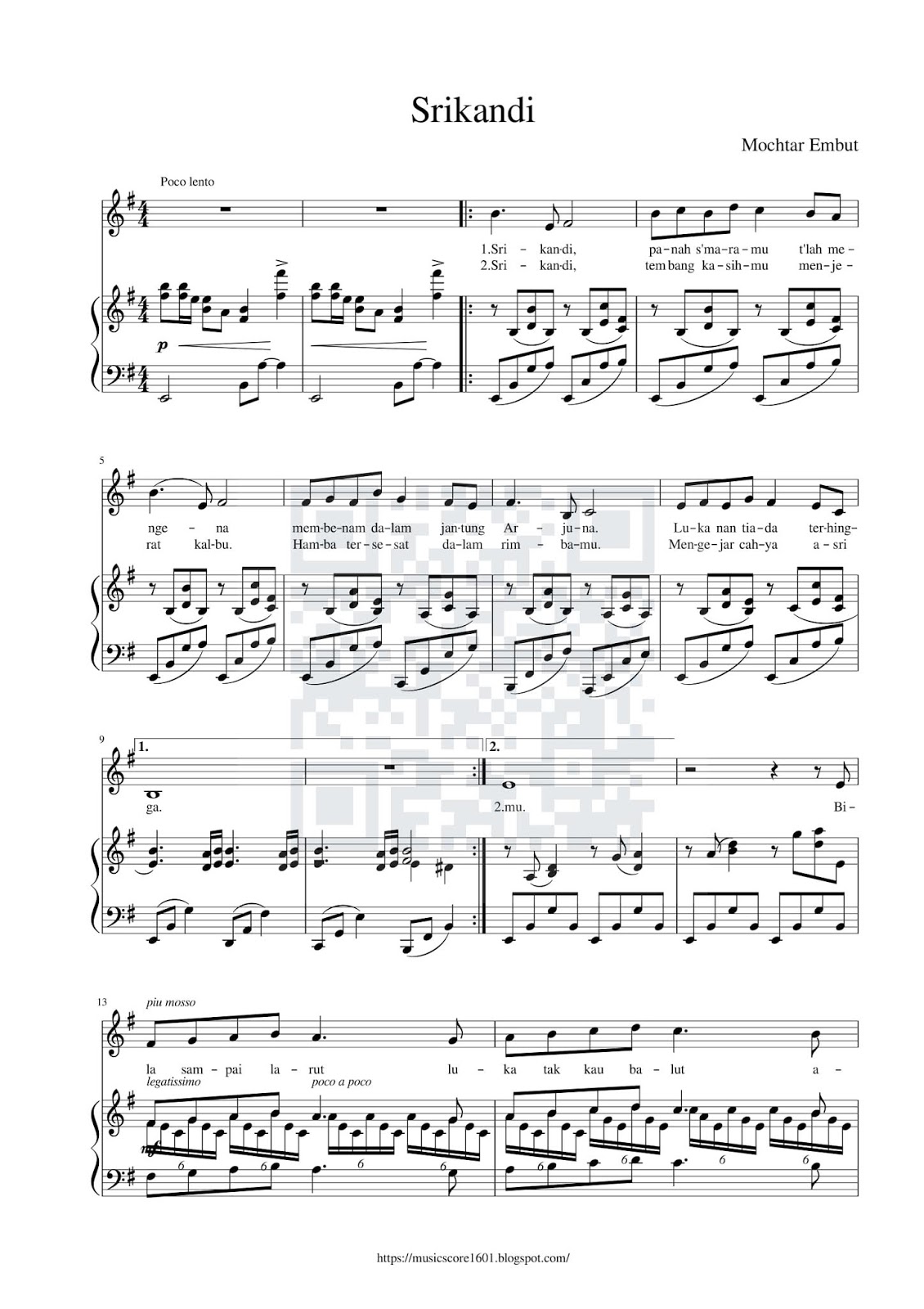 Free Music Score: Srikandi - Mochtar Embut - Vocal and Piano - E minor
