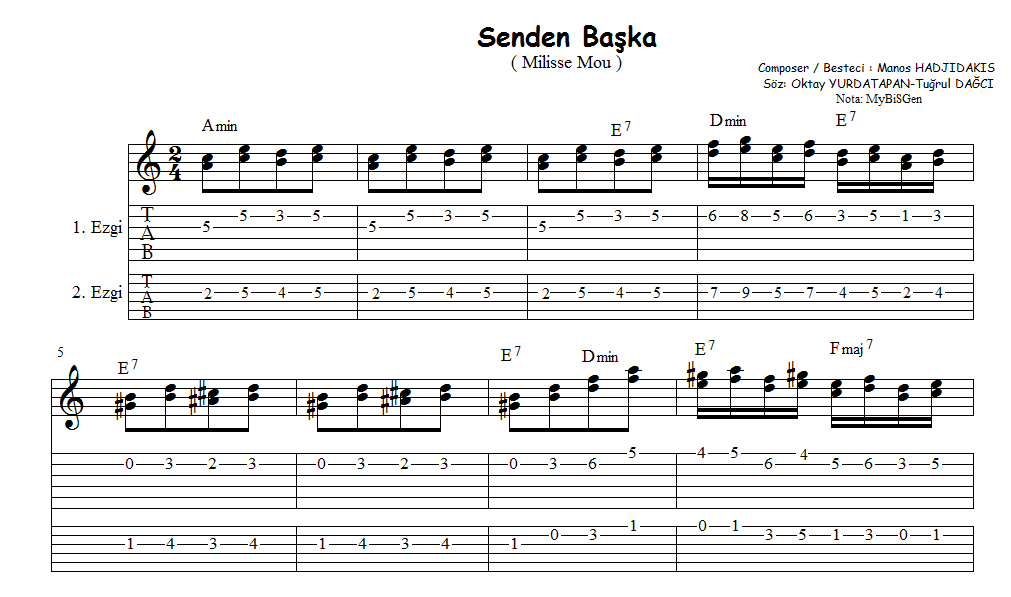 Senden Başka - Nota Akor Tab Eşlik