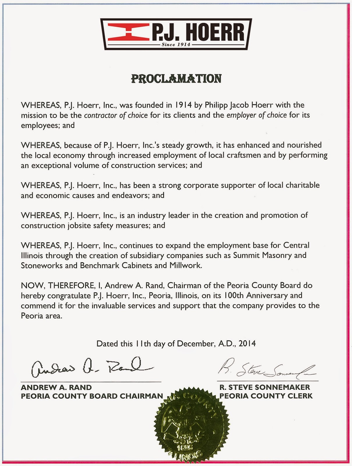 P.J. Hoerr, Inc.: P.J. Hoerr 100 Year Anniversary Proclamation