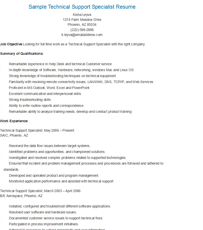 Resume Samples: Sample Technical Support Specialist Resume
