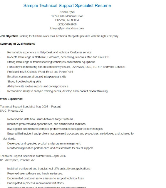 Resume Samples: Sample Technical Support Specialist Resume
