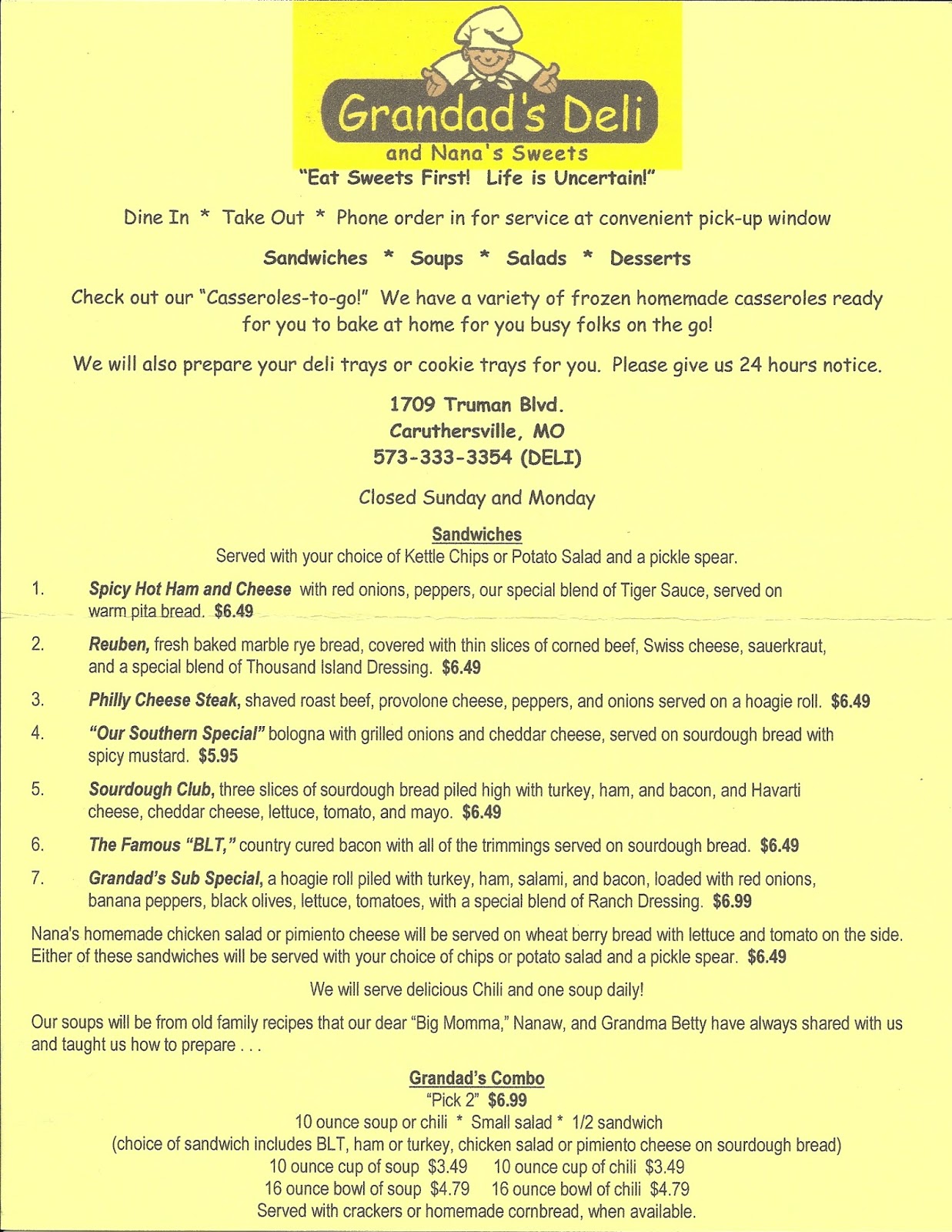 Caruthersville Chamber of Commerce: Grandad's Deli Menu