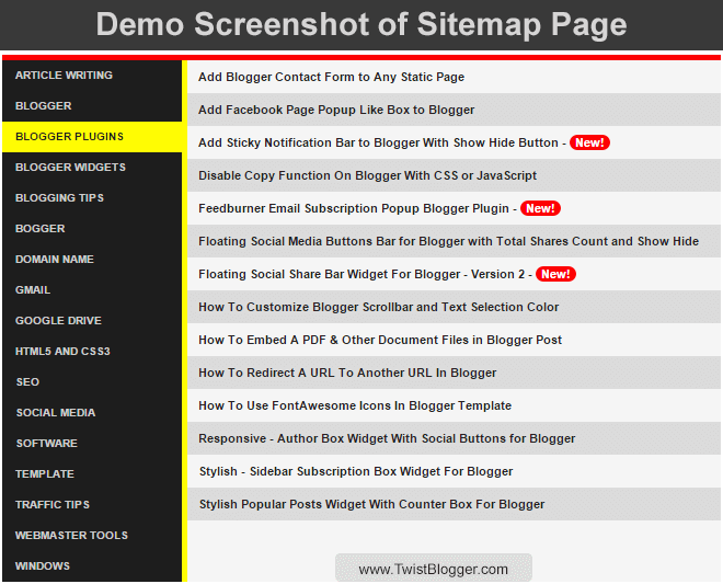 Add An Elegant HTML Sitemap Page to Blogger Blog - TwistBlogg