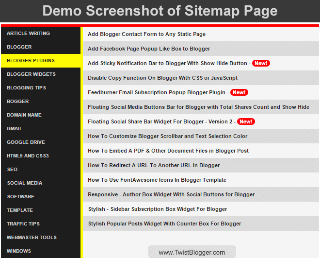 Add An Elegant HTML Sitemap Page to Blogger Blog - TwistBlogg