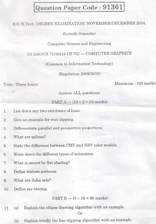 CS2401 Computer Graphics Nov Dec 2014 Past Question Paper - University ...