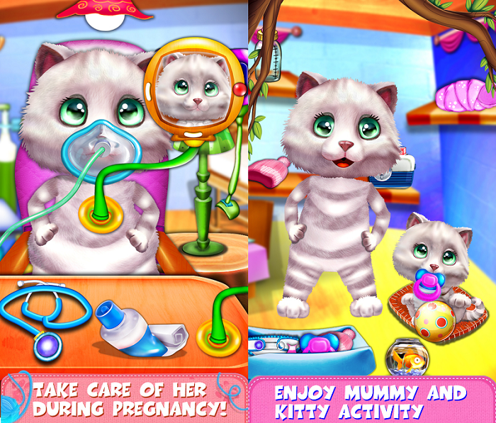 Game for Kids to Learn How to Take Care of Pet Mom Cat and Cute Kitten