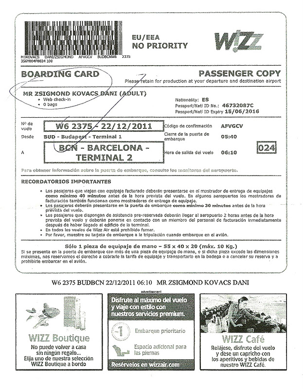 The Travelers Drawer Wizz Air Electronic Boarding Card For The Flight W6 2375 From Budapest