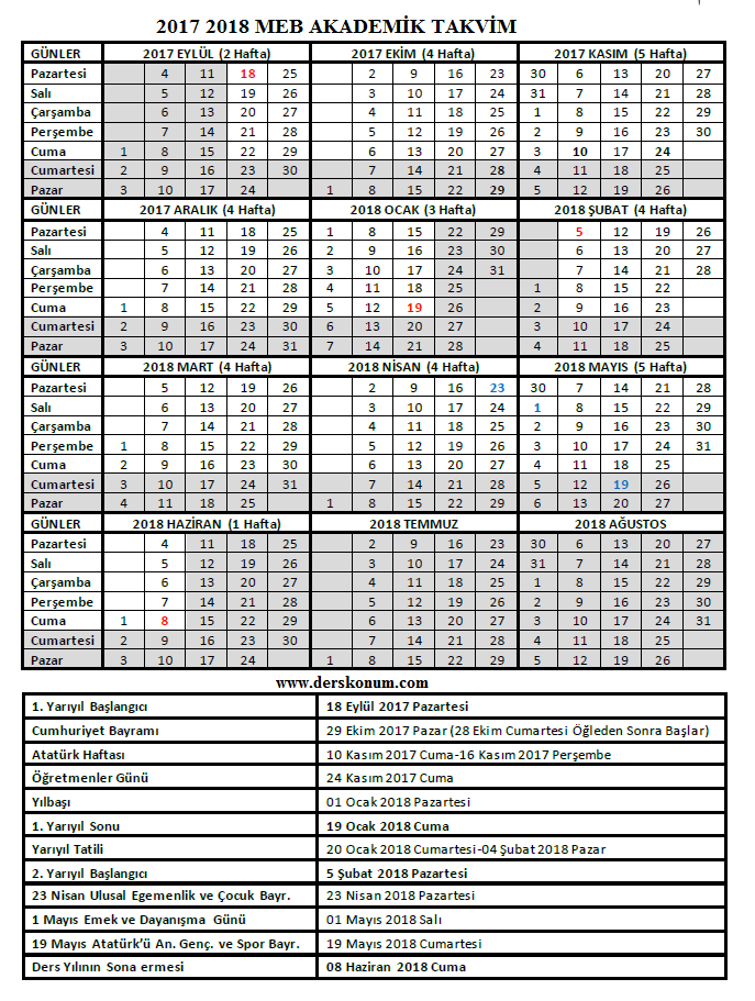 2017-2018 MEB AKADEMİK/ÇALIŞMA TAKVİMİ/İŞ TAKVİMİ,EĞİTİM TAKVİMİ