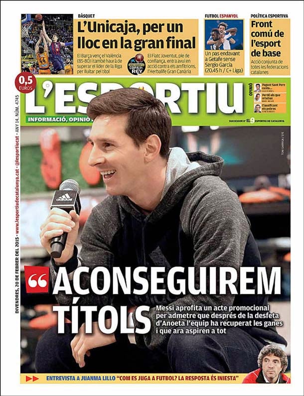 Portada L´Esportiu (20/02/2015) - "Conseguiremos títulos"