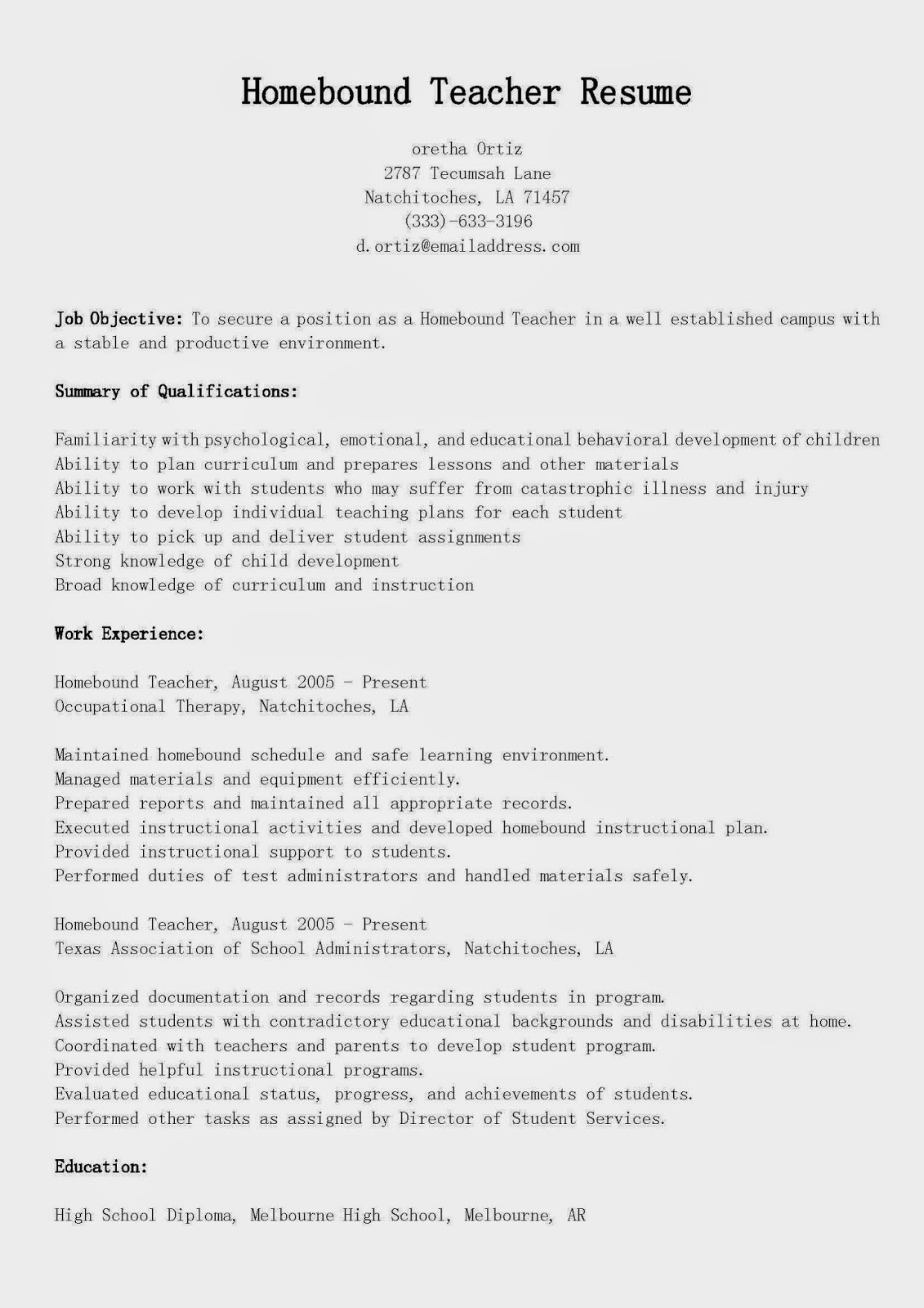 Resume Samples: Homebound Teacher Resume Sample