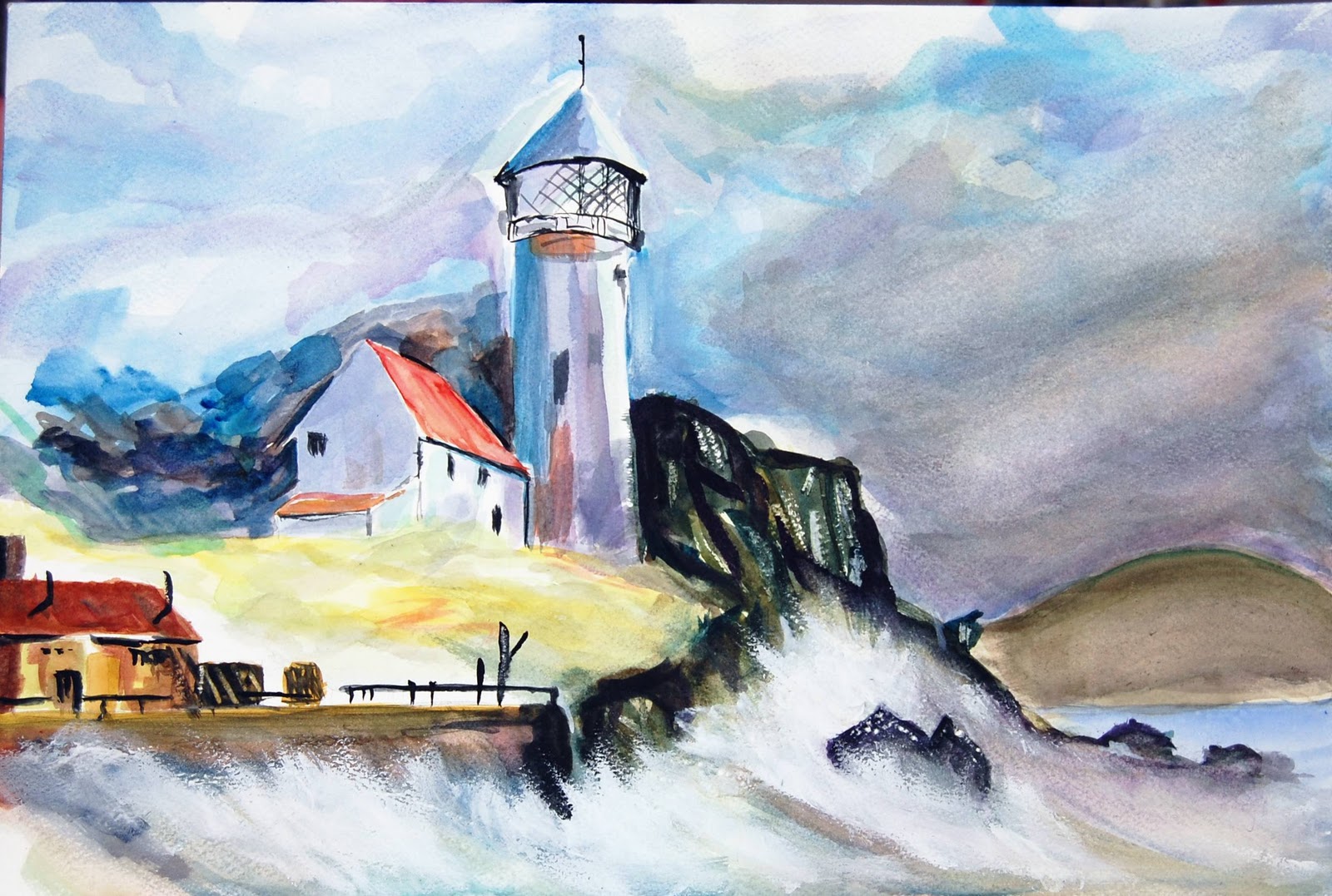 dibujo acuarela oleo ...: paisaje con faro acuarela