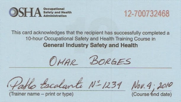 DB & ASESORES INDUSTRIALES C.A.: Tarjeta OSHA