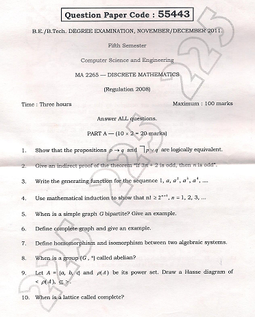 MA2265 Discrete Mathematics Nov Dec 2011 Question Paper - University ...