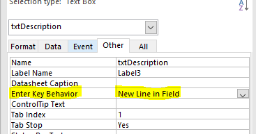 Microsoft Access Tips: Changing "Entry Key Behaviour" to Allow New Lines within a Textbox