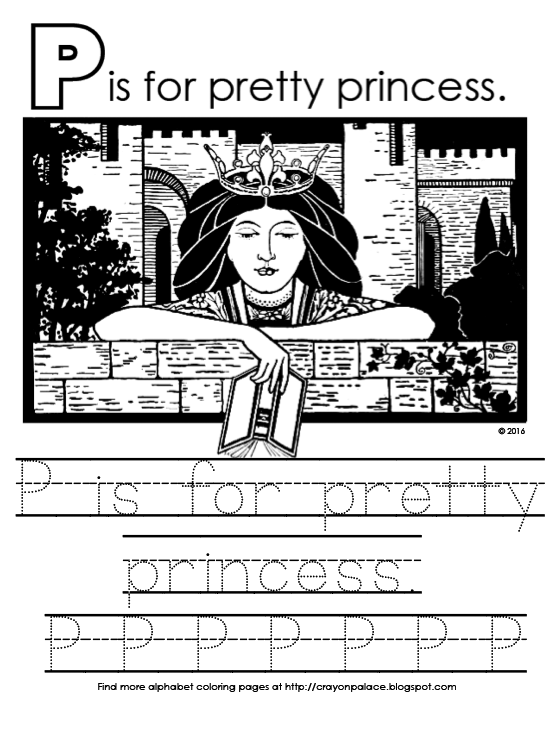 Crayon Palace: "P is for pretty princess" alphabet coloring page