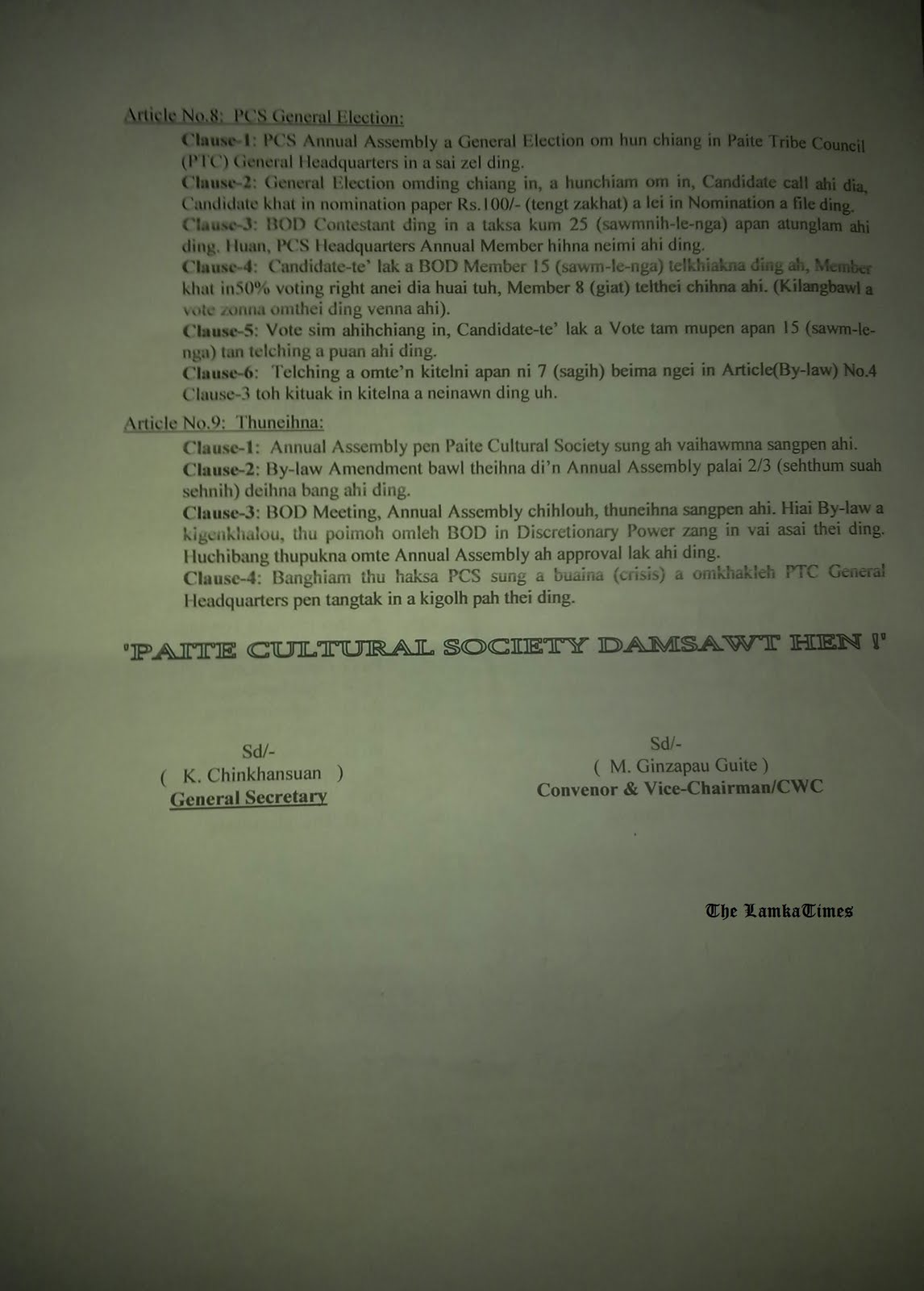 THE LAMKA TIMES: By-Law of The Paite Cultural Society