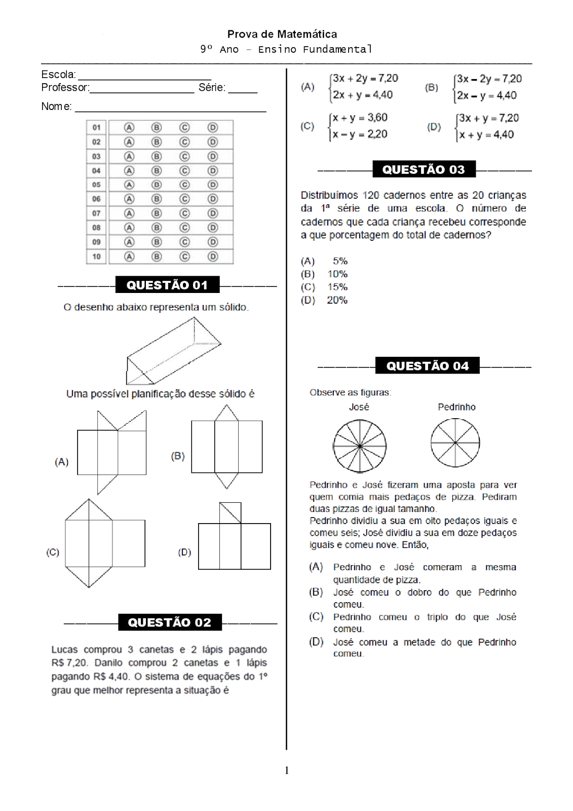 Prova De Matematica Com Gabarito - FDPLEARN