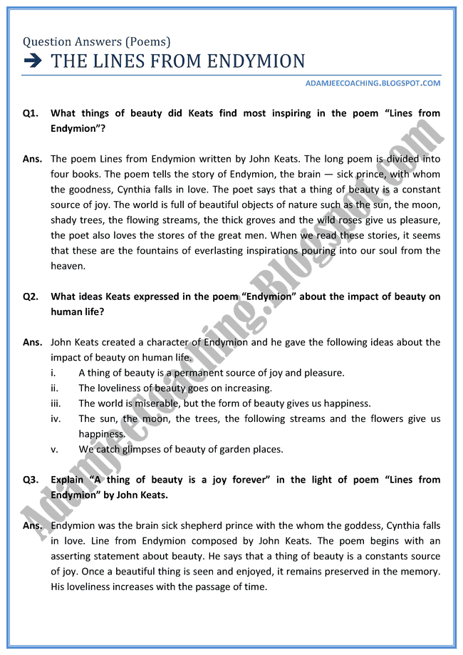 Adamjee Coaching: English XII - [The Lines From Endymion] - Question ...