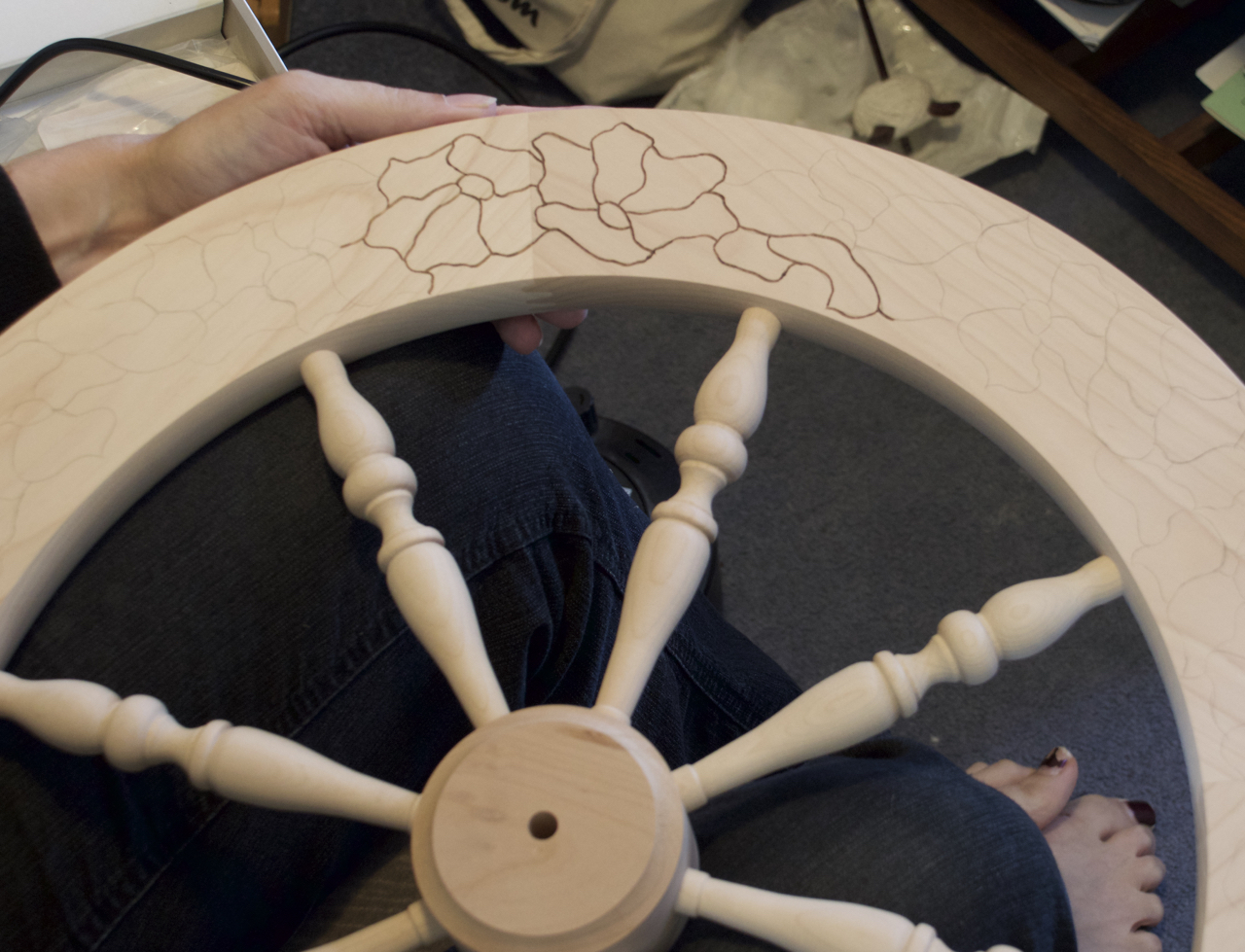 Stitchin' Bints: Tiffany Clematis hand-painted spinning wheel