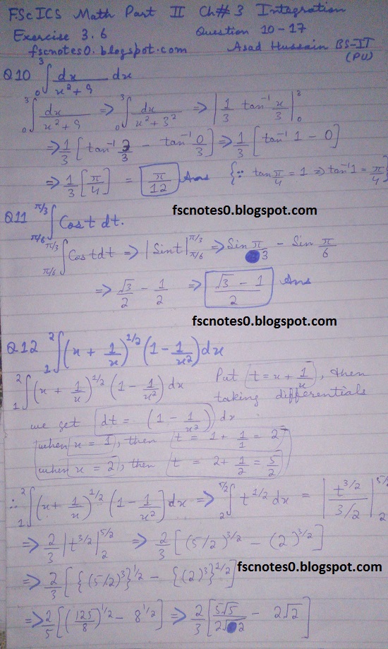 FSc ICS Notes Math Part 2 Chapter 3 Integration Exercise 3.6 question ...