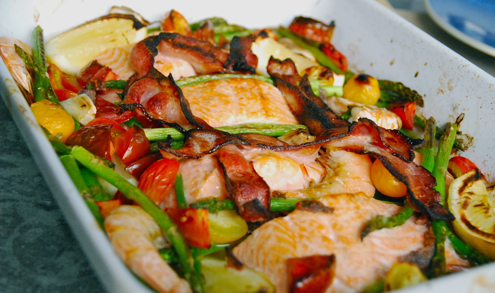 cup and table: bacon fish