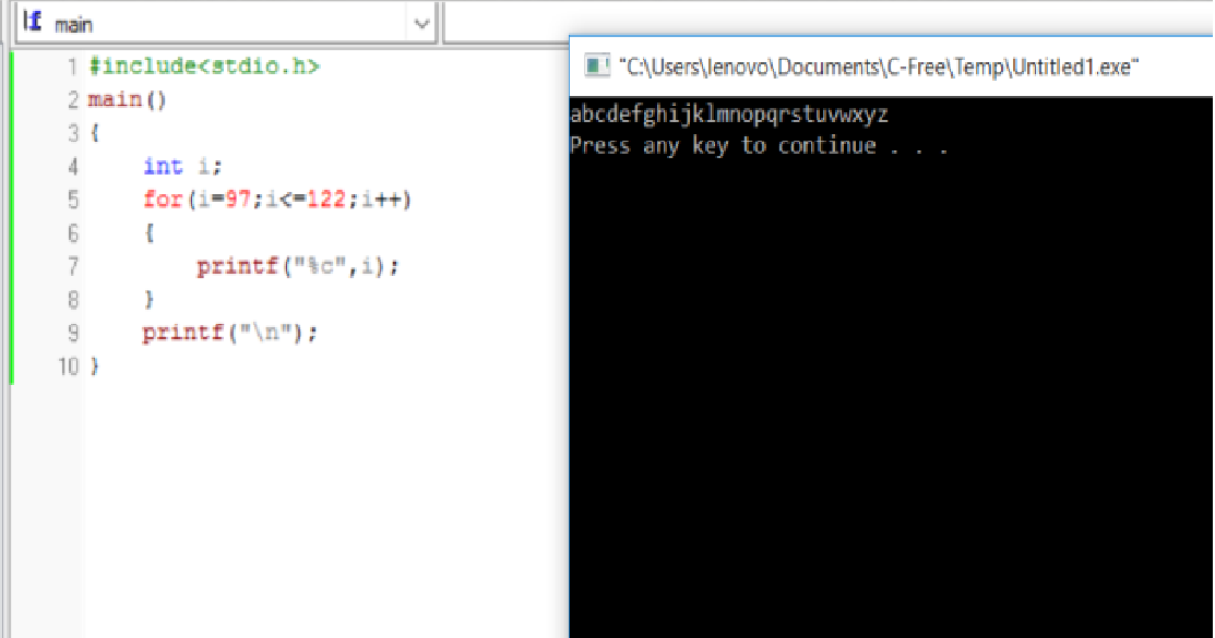 All C Programs: Program 4:Print Alphabets from a-z(small) All C Programs: Program 4:Print Alphabets from a-z(small)