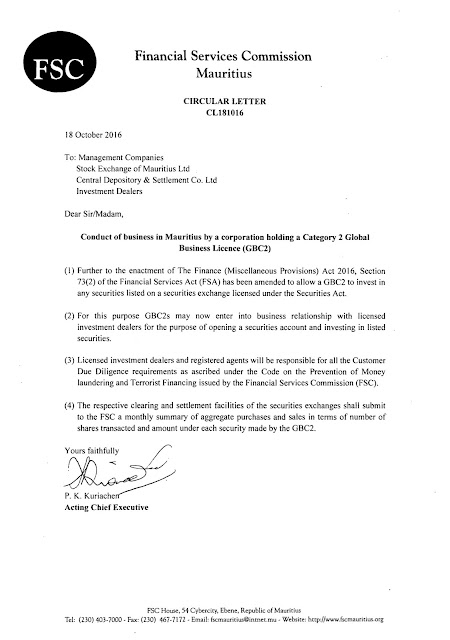 Amar: FSC Mauritius issues Circular Letter (CL181016) on GBC 2 trading ...