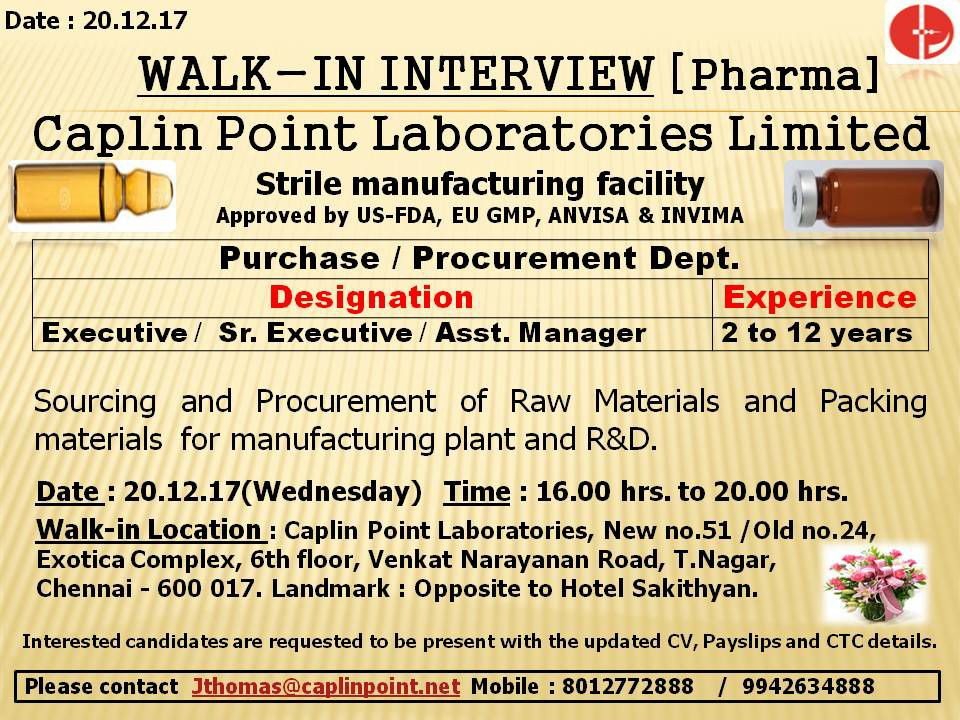 Caplin Point Lab walk-in 20th December for Purchase & Production ...