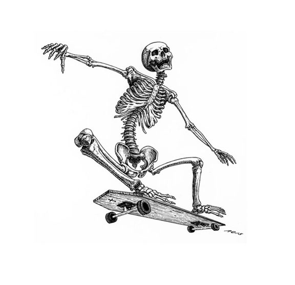 Sensible Rita: Skeleton riding a coffin skateboard
