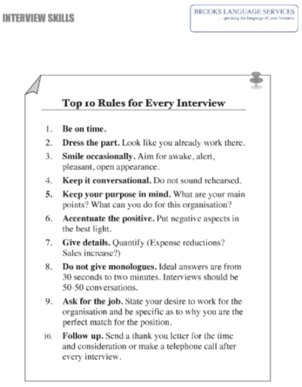 Learn English @ Brooks Language: Top 10 Rules For Every Interview