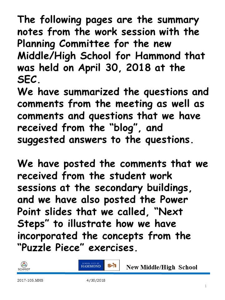 School City of Hammond: Planning Committee Notes from 4/30/2018 meeting