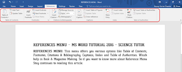 REFERENCES MENU – MS WORD 2016 TUTORIALS – SCIENCE TUTOR