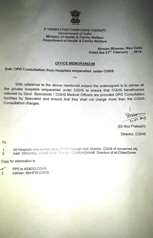 OPD Consultation from Hospitals empanelled under CGHS