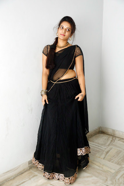 Tamil Latest Actress Janani Reddy in Black Transpaent Saree and Netted ...