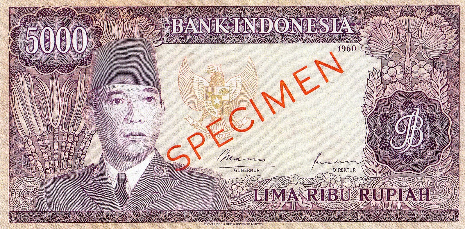 168 Bank Notes: 1960 Indonesia 5000 Rupiah Specimen 0000 (Reproduction)