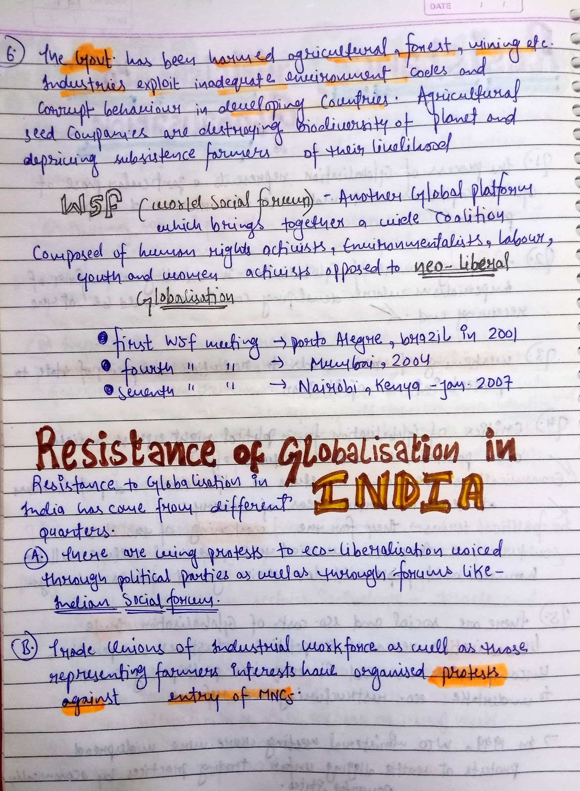 handwritten notes of Globalisation-[political science] class 12th ...