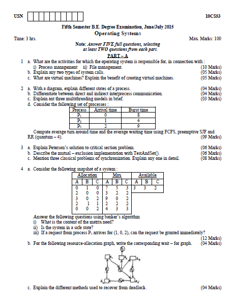 Vtu Be Cse Operating Systems June July 2015 Question Paper University Question Papers