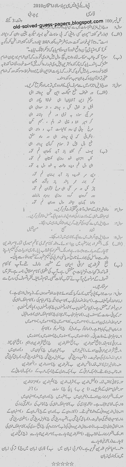 UOS B.A Persian Paper A, B and Optional - Old, Solved and Guess Papers