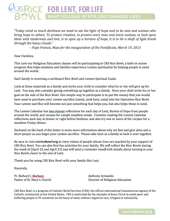 St. Mary's Faith Formation Program: Operation Rice Bowl