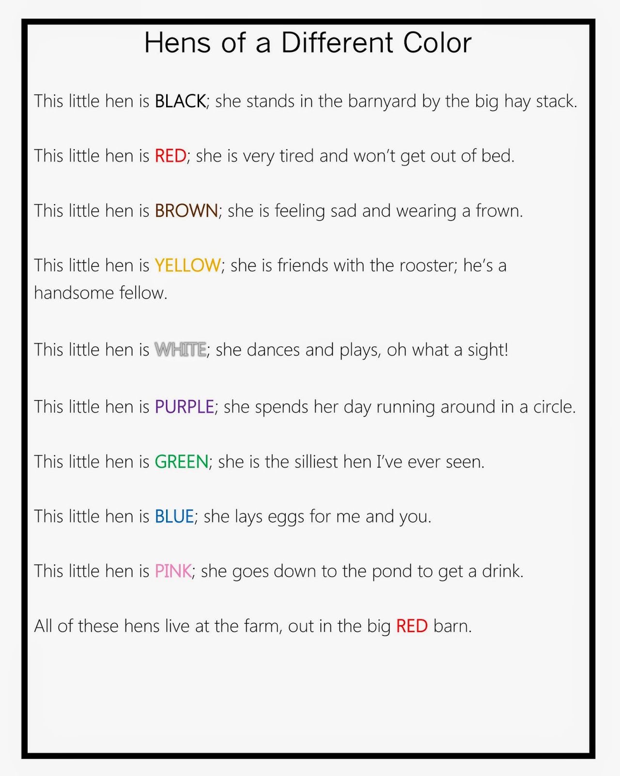 ourhomecreations: Chicken themed color recognition poem