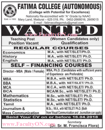 Fatima College, Madurai, Wanted Assistant Professor / Director ...