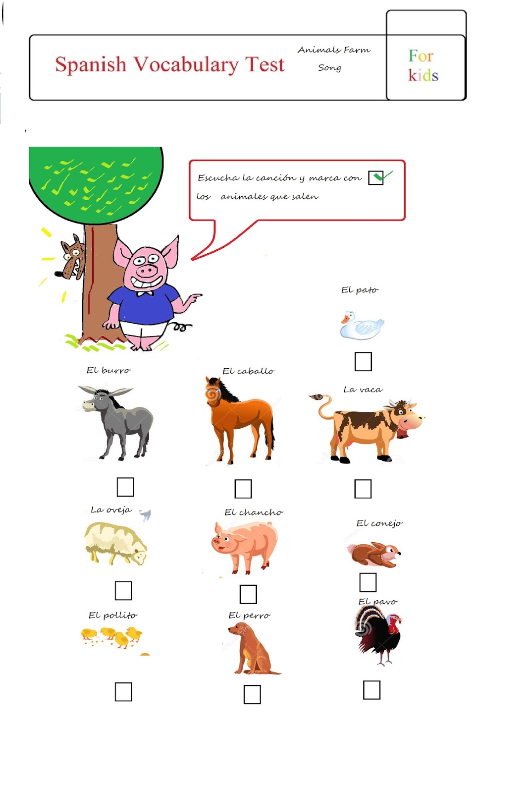 Spanish Test: Spanish Vocabulary Test Animals Farm Song (for kids)