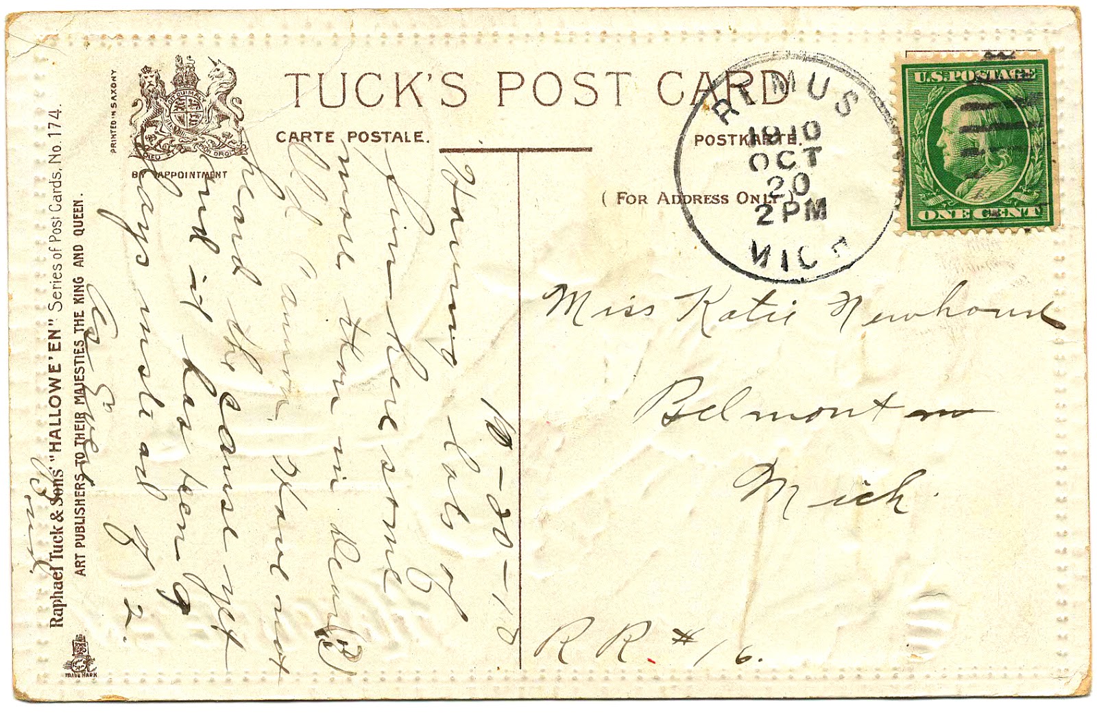 Papergreat: Spooky Tuck & Sons Hallowe'en postcard mailed in 1910