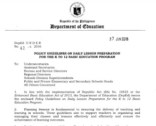 DO 42, s.2016 - Policy Guidelines on Daily Lesson Preparation for the K ...