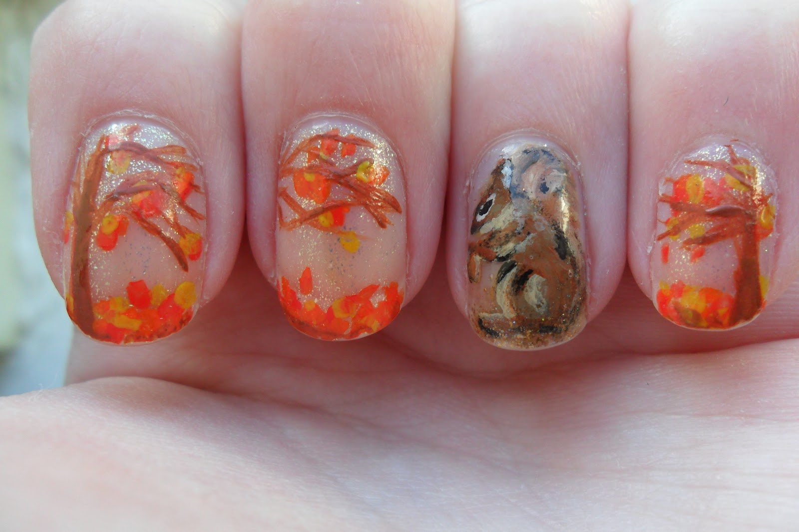 Sara Fisk; Nail Art: Squirrel & acorn nails part 2; with autumn trees