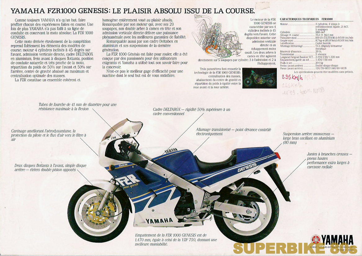 SUPERBIKE 80'S, le site des motos des années 80-90: YAMAHA FZR 1000 GENESIS 1987 BROCHURE, PROSPEKT