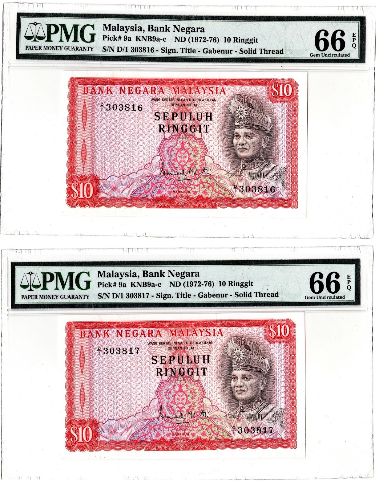 RYAN3888 BANKNOTE: MALAYSIA RM10 2ND 2PCS RN D1 303816-17 PMG66EPQ