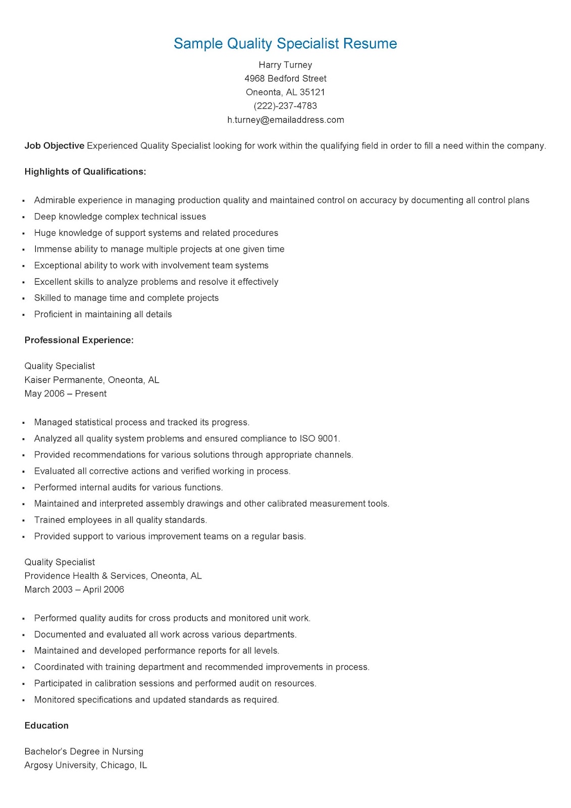 Resume Samples: Sample Quality Specialist Resume